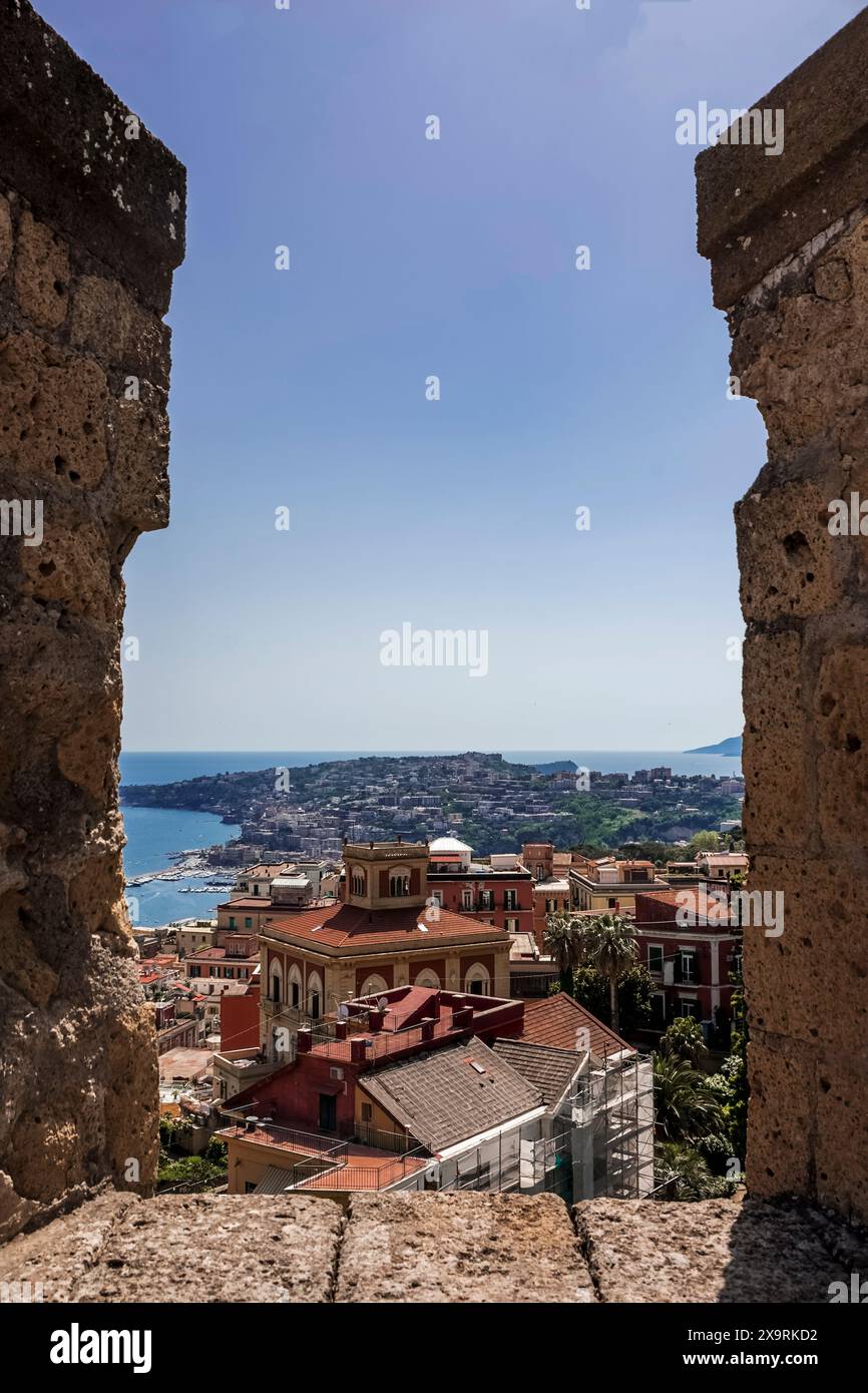 the panorama of Posillipo in Naples seen from the loophole of Castel ...