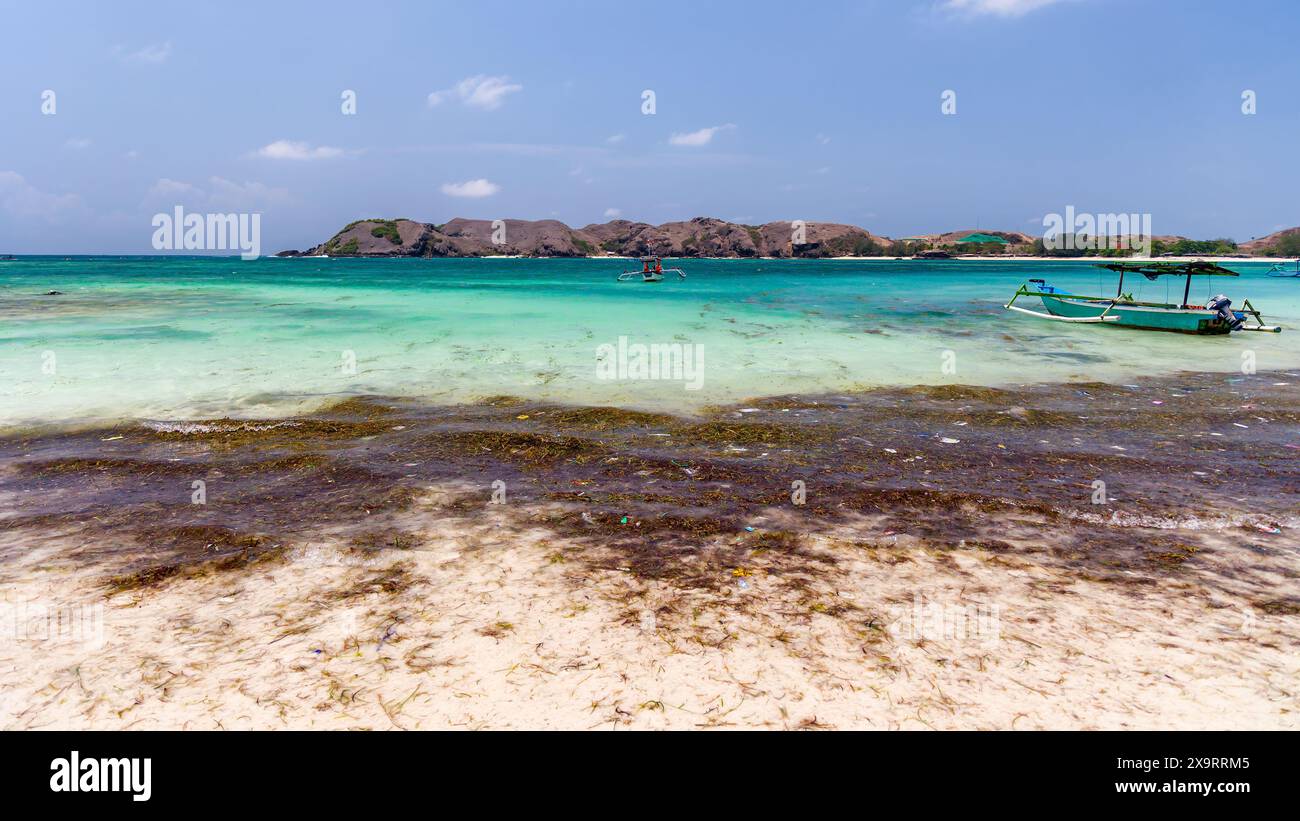 Plastic and other trash floating in a tropical ocean next to a beach ...
