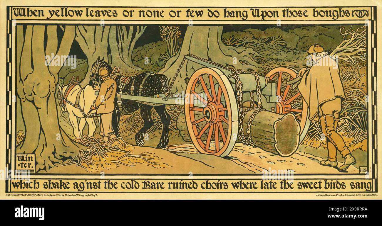 "Winter" from art by Heywood Sumner. Farmer pulling large log from ...