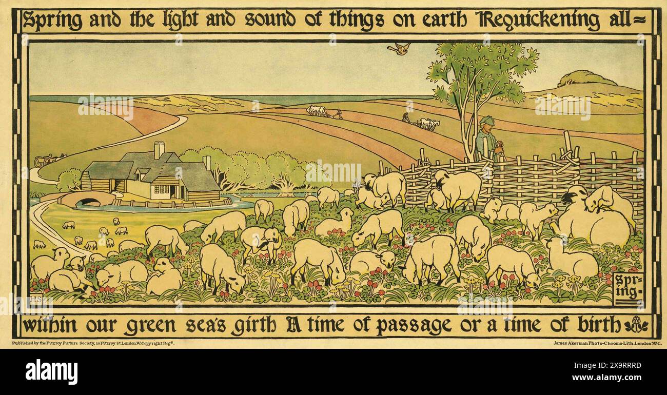 "Spring" from art by Heywood Sumner. Farmer with Spring lamb in field ...