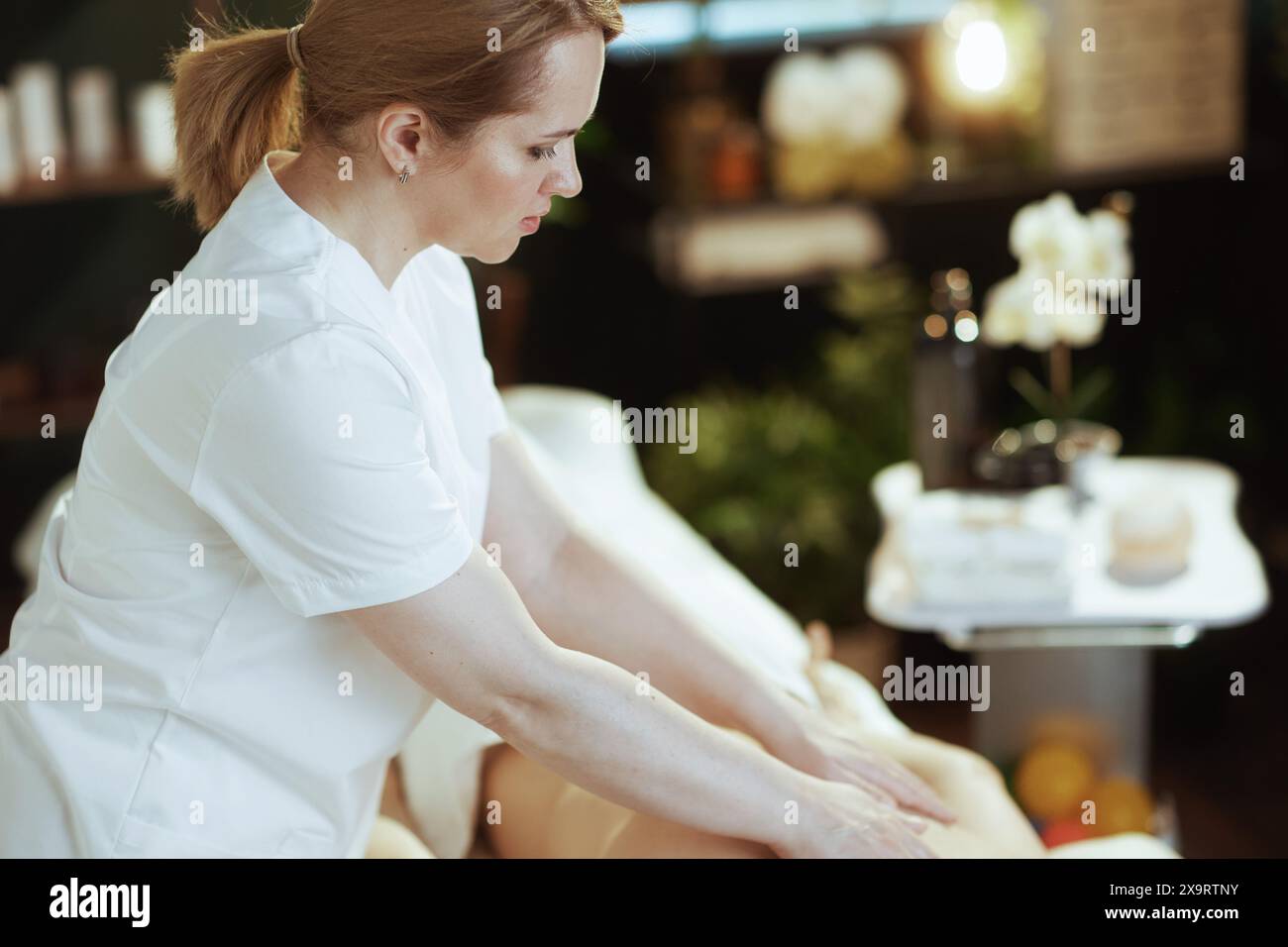 Healthcare time. medical massage therapist in spa salon massaging clients back Stock Photo - Alamy