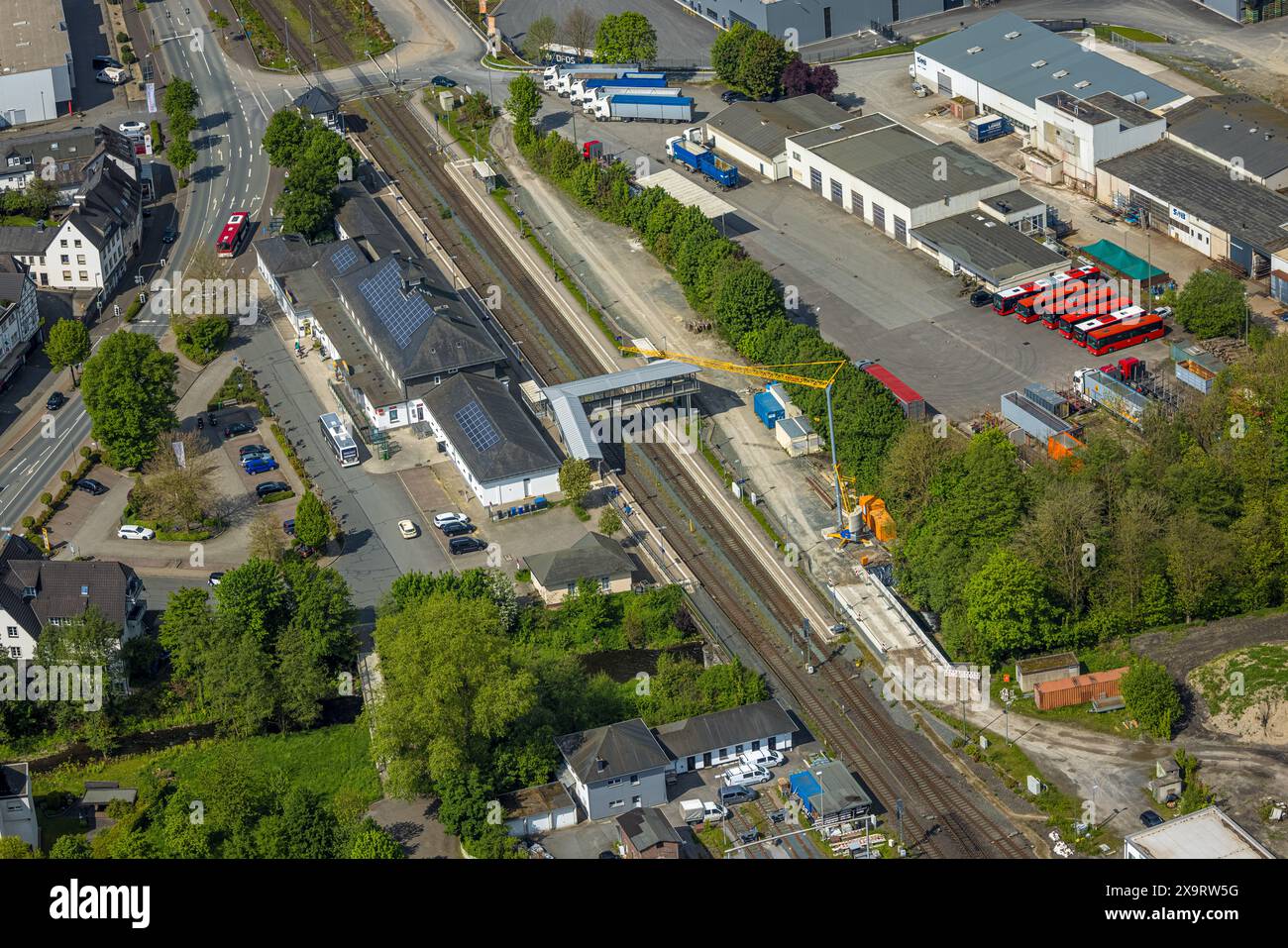 Aerial view, Bestwig railroad station, Deutsche Bahn AG, construction ...