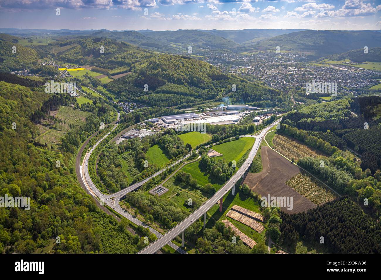 Aerial view, Ruhr valley bridge Bermecke over the river Ruhr, exit of ...