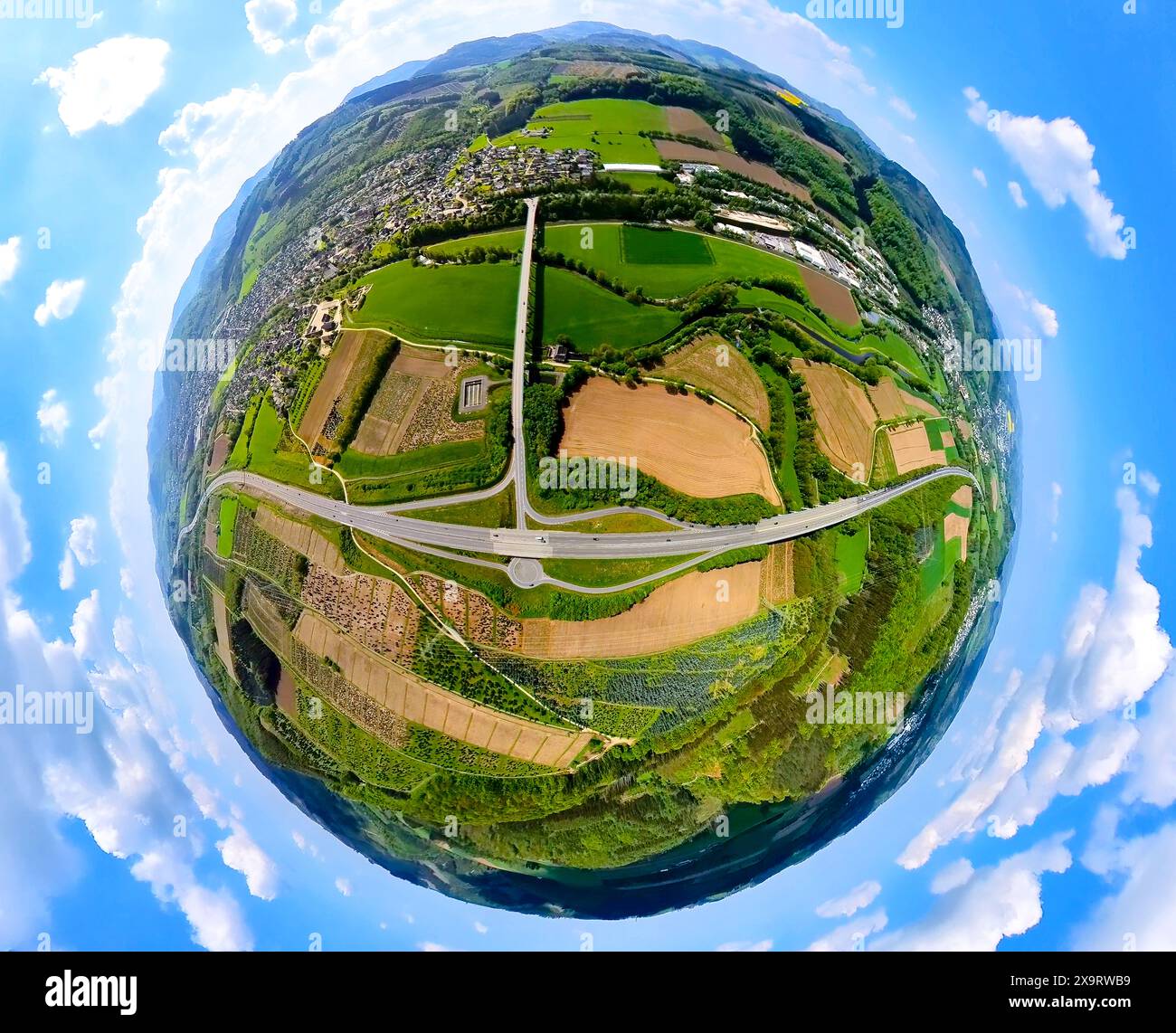Aerial view, freeway A46 junction Bestwig with view of Velmede, shapes ...