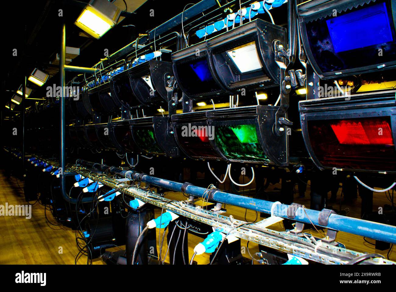 Technical equipment at the backstage of theater. Stage spot lighting ...
