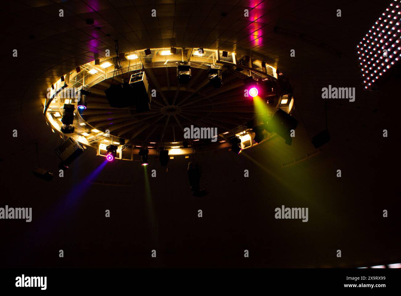 Technical equipment at the backstage of theater. Stage spot lighting ...