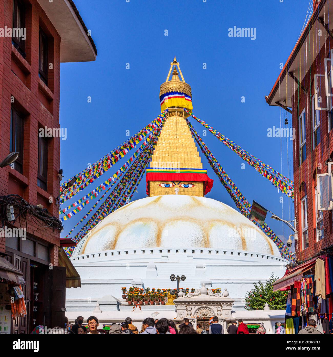 The iconic Boudhanath Stupa (Buddha Stupa), Kathmandu, Nepal seen from the entrance to the ...