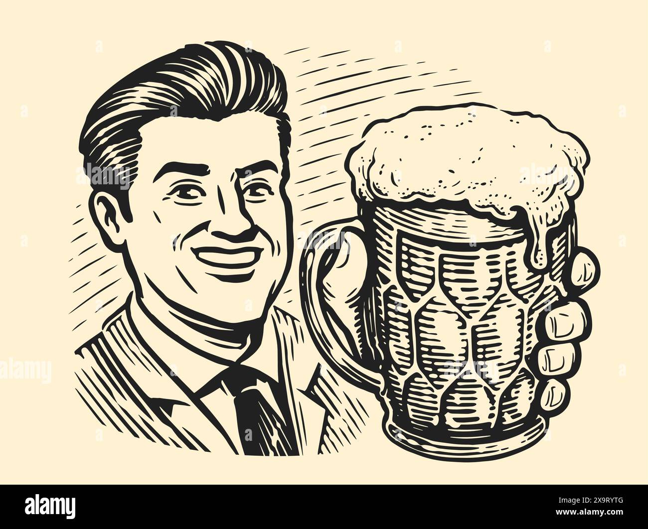 Happy man with glass beer mug. Hand drawn vector illustration in pop ...