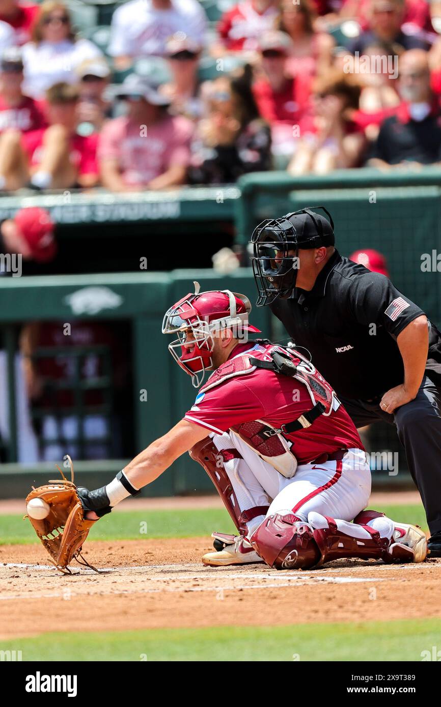June 2, 2024: Ryder Helfrick #27 Arkansas catcher goes down to receive ...