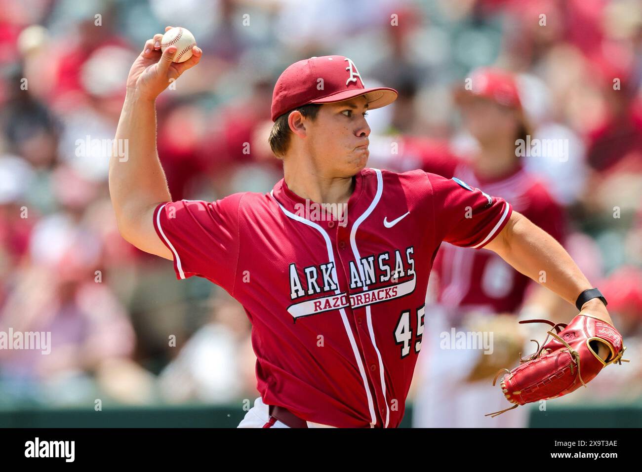 June 2, 2024: Hogs pitcher Gage Wood #45 prepares to deliver a pitch to ...