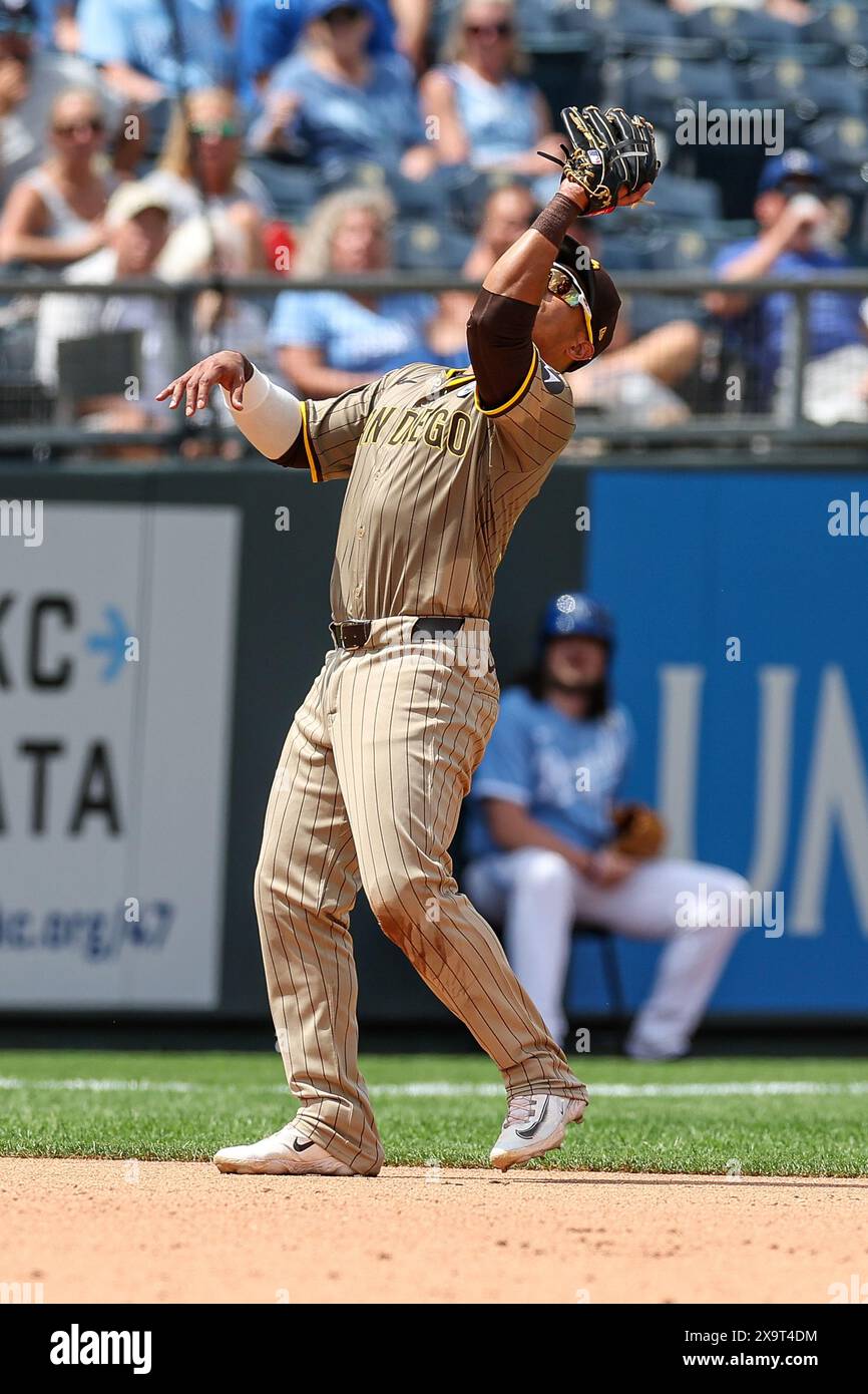 June 2, 2024: San Diego Padres third baseman Donovan Solano (39) catches a fly ball for an out ...