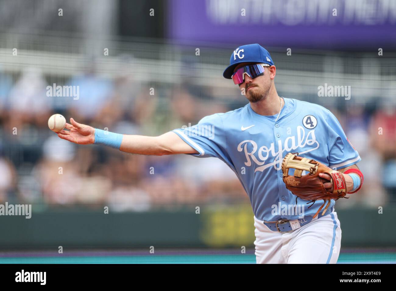 Kansas City, MO, USA. 2nd June, 2024. Kansas City Royals second baseman Nick Loftin (12) throws ...