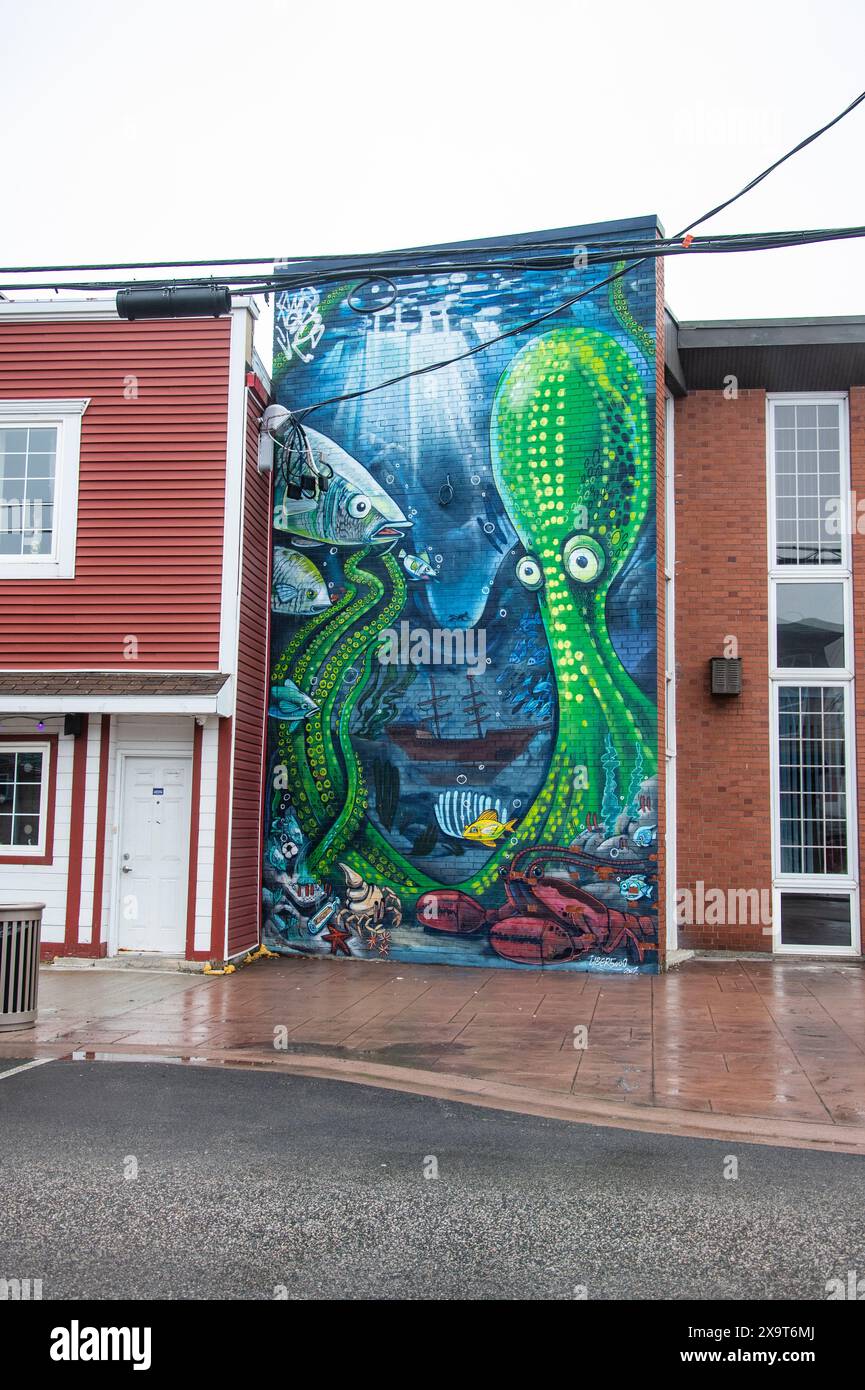 Green octopus mural in downtown Sydney, Nova Scotia, Canada Stock Photo ...