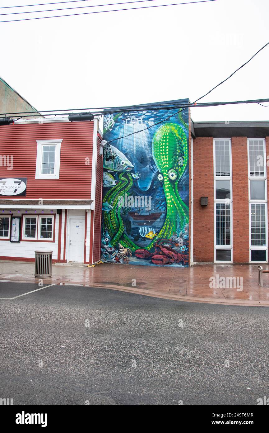 Green octopus mural in downtown Sydney, Nova Scotia, Canada Stock Photo ...