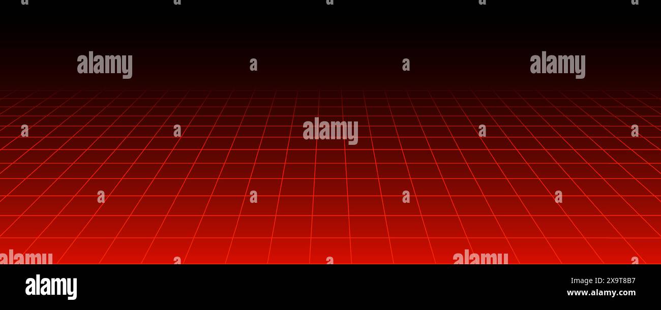 Red glowing neon wireframe background. Shining checkered horizontal ...