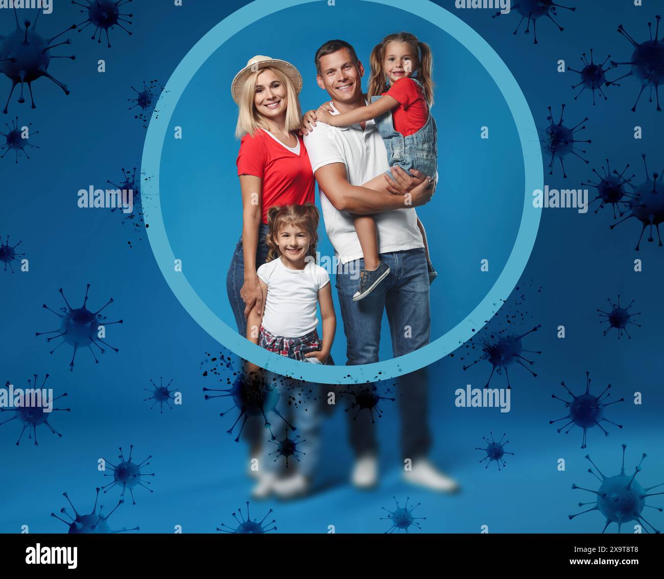 Happy family with strong immunity on blue background. Bubble around ...