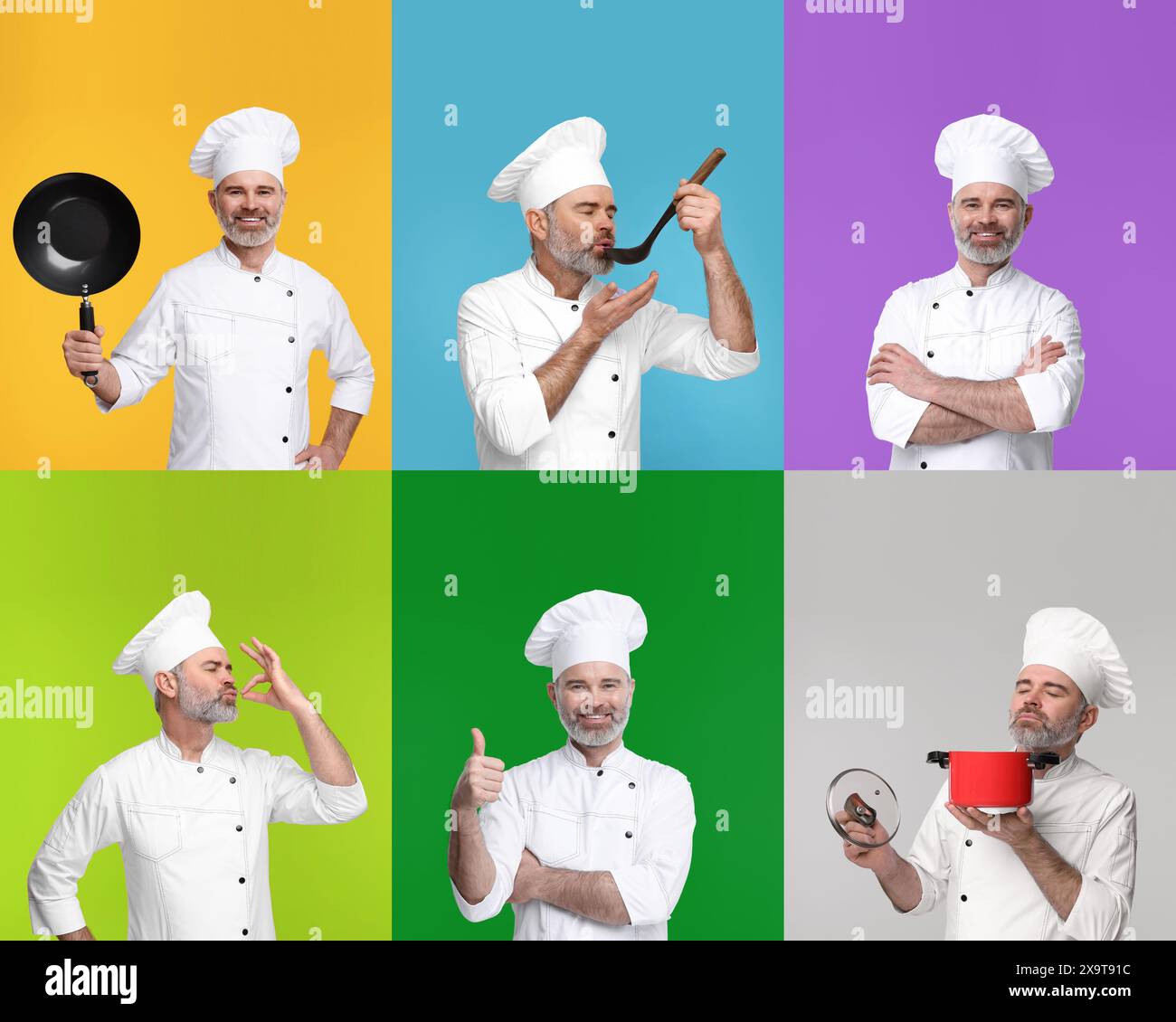 Collage with photos of professional chef on different color backgrounds ...