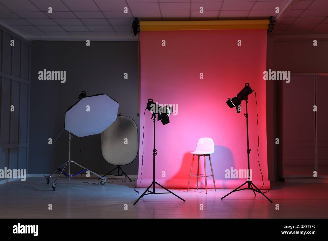 Photo background in neon lights and professional lighting equipment ...