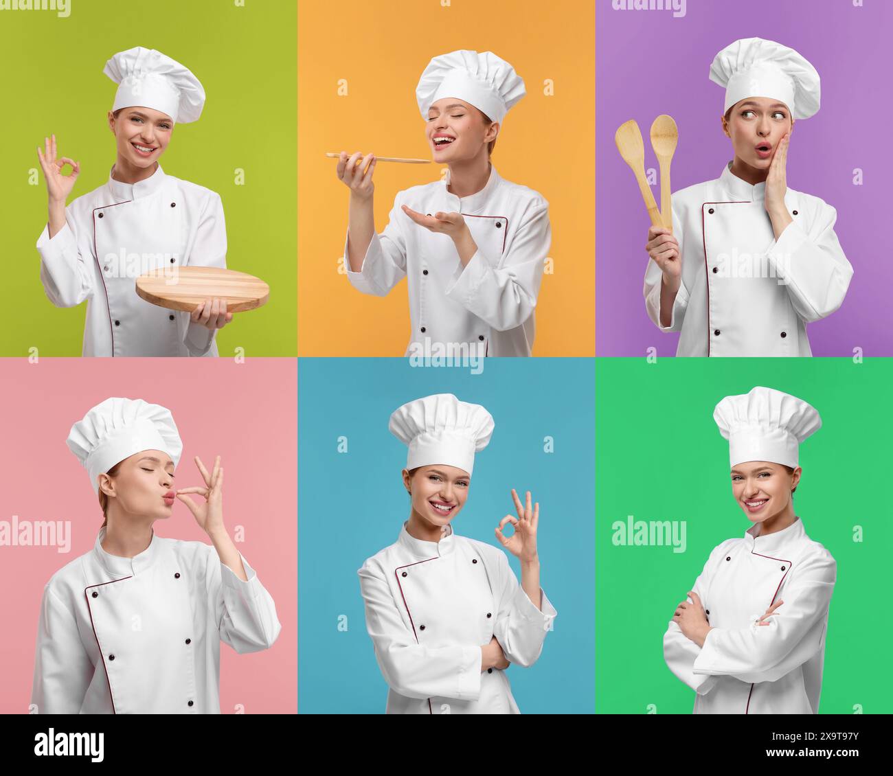 Collage with photos of professional chef on different color backgrounds ...