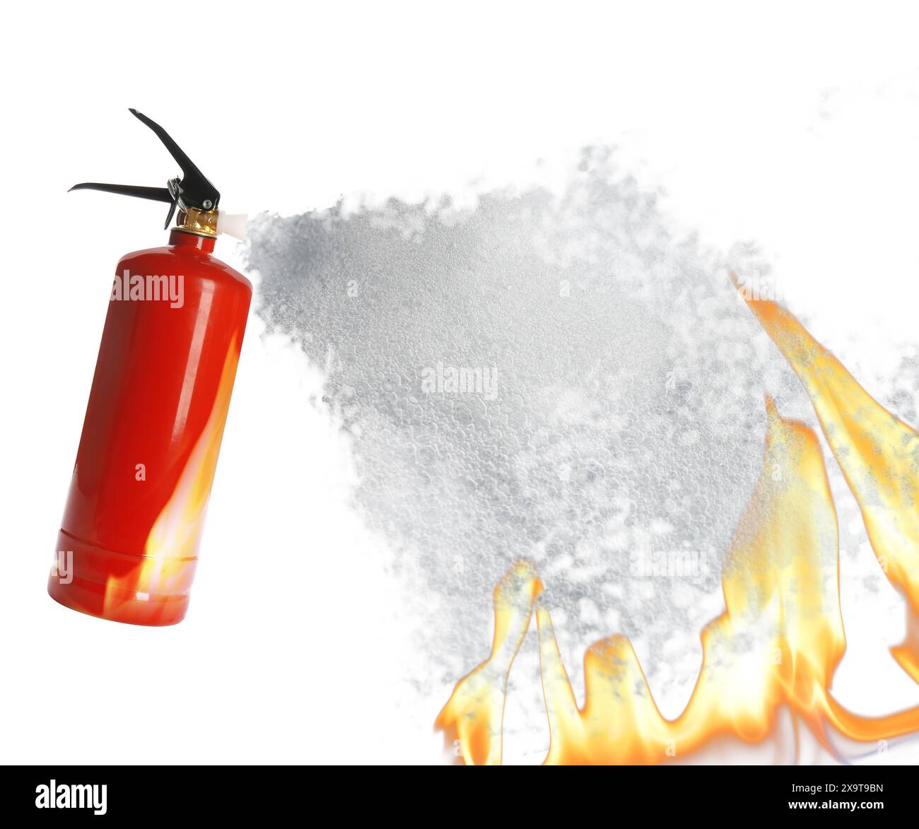 Fire extinguisher and flame on white background Stock Photo - Alamy
