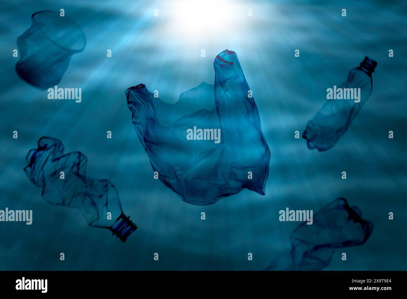 Different plastic garbage in ocean. Environmental pollution Stock Photo ...