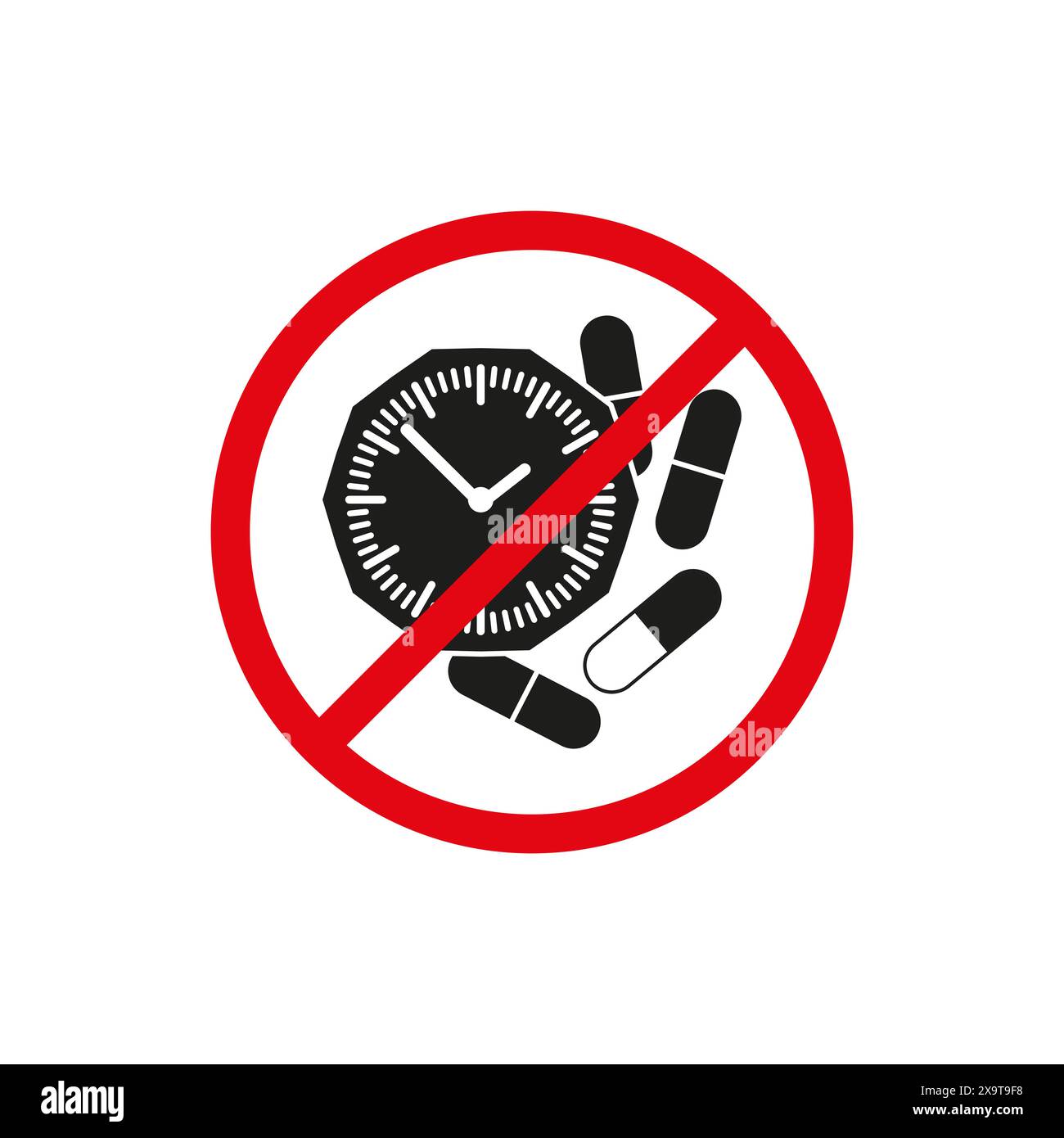 Prohibition sign with clock and pills in black, white, and red. No ...