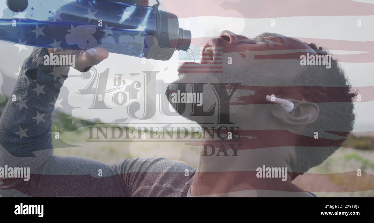 Image of independence day text over african american man drinking water ...
