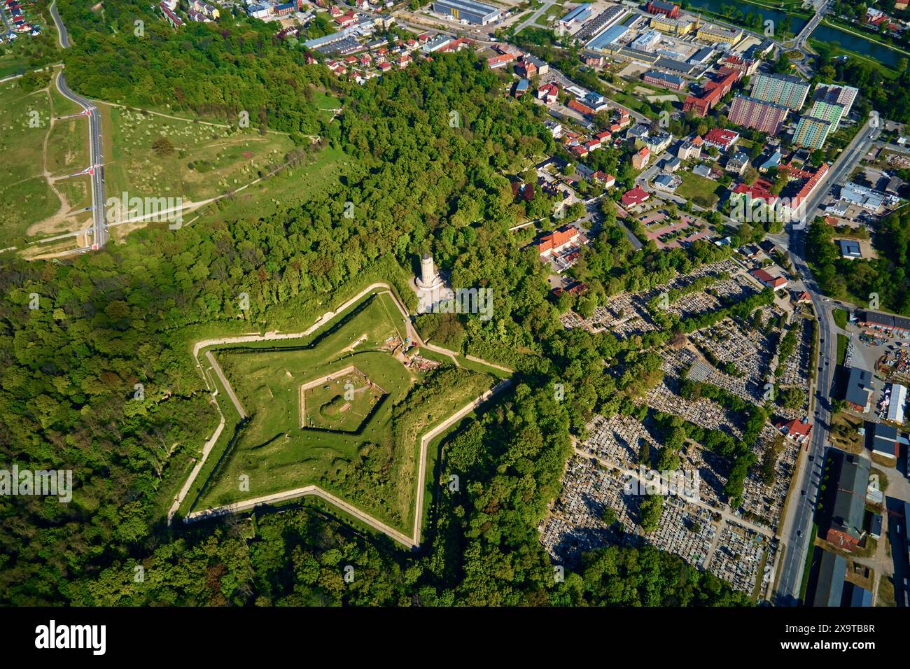 Aerial view of Prusy Fort in Nysa city on clear day, Star-shaped ...