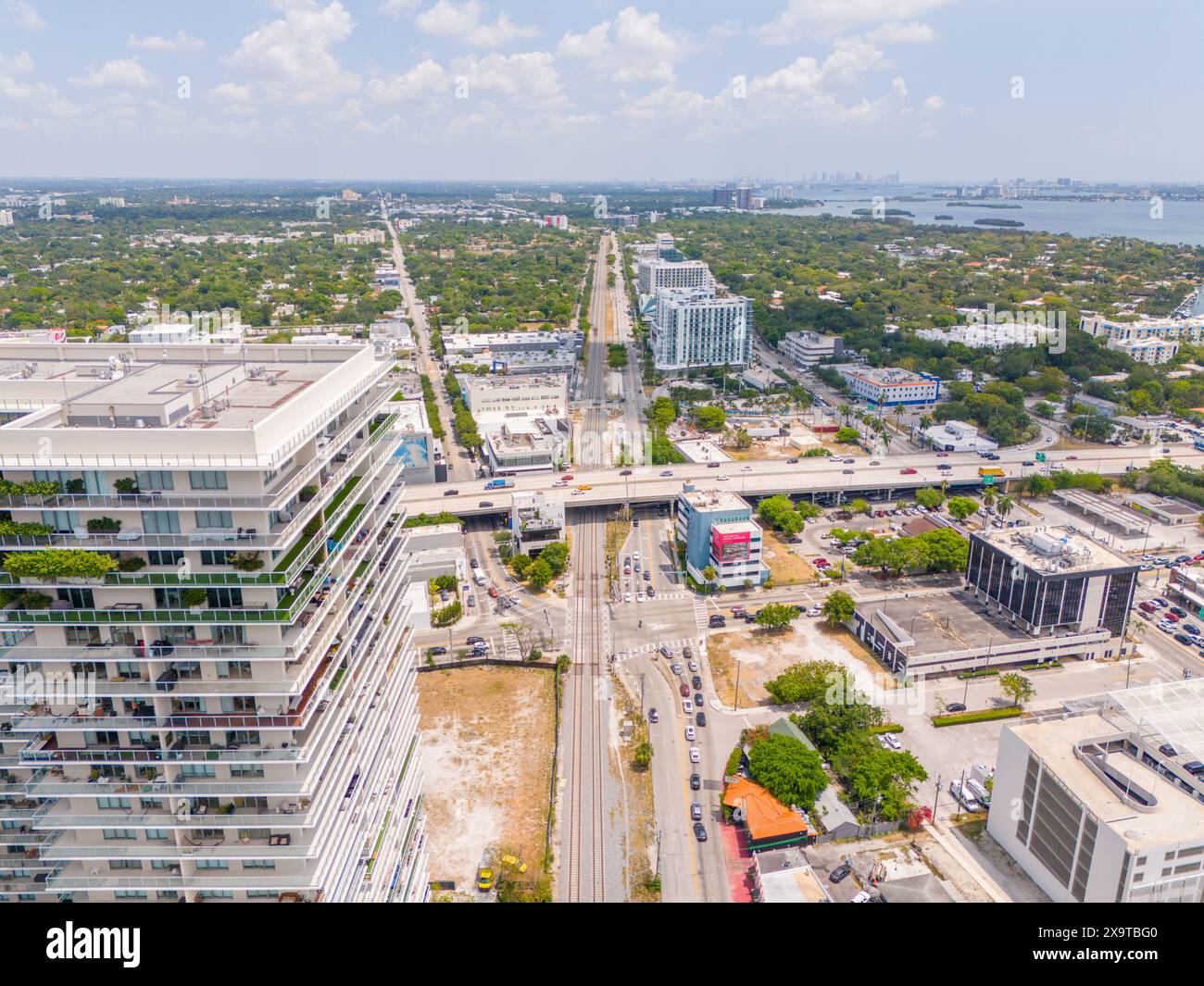 Miami Florida, USA. Aerial view railroad tracks Midtown facing north ...