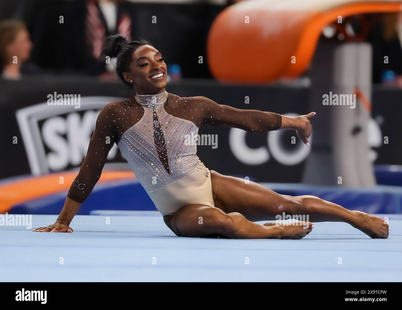 June 2, 2024: Simone Biles finishes her floor routine during the Woman ...