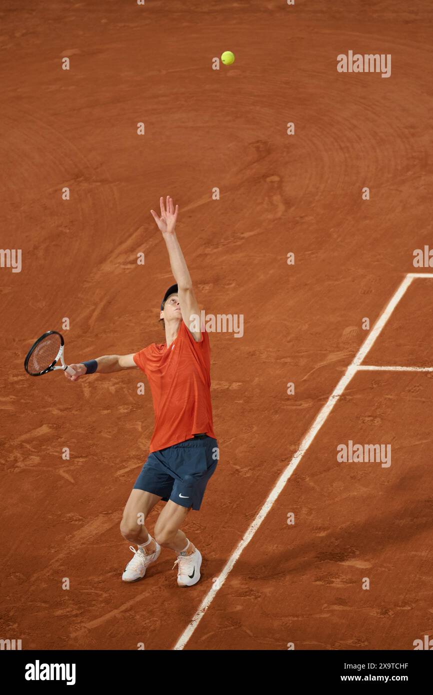 Paris, France. 2nd June, 2024. Jannik Sinner serves during the men's singles fourth round match ...