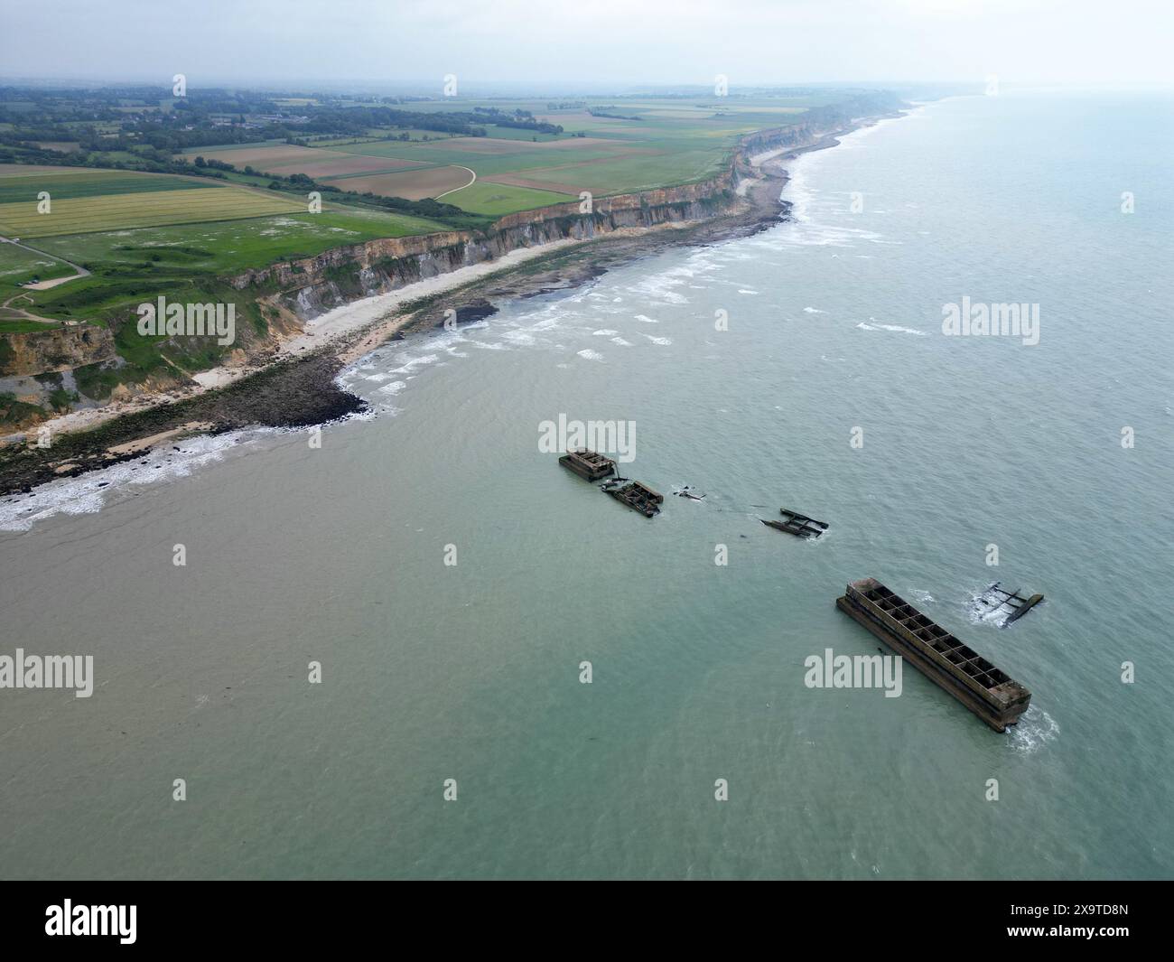 Aerial view of Mulberry harbour B at Arromanches-les-Bains, France ...