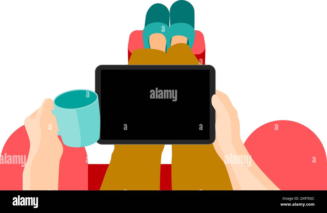 First person view of sitting on the couch with feet up while using a ...