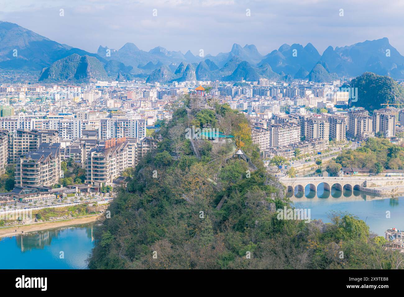 The stairs in the park in the Guilin city with the residential ...