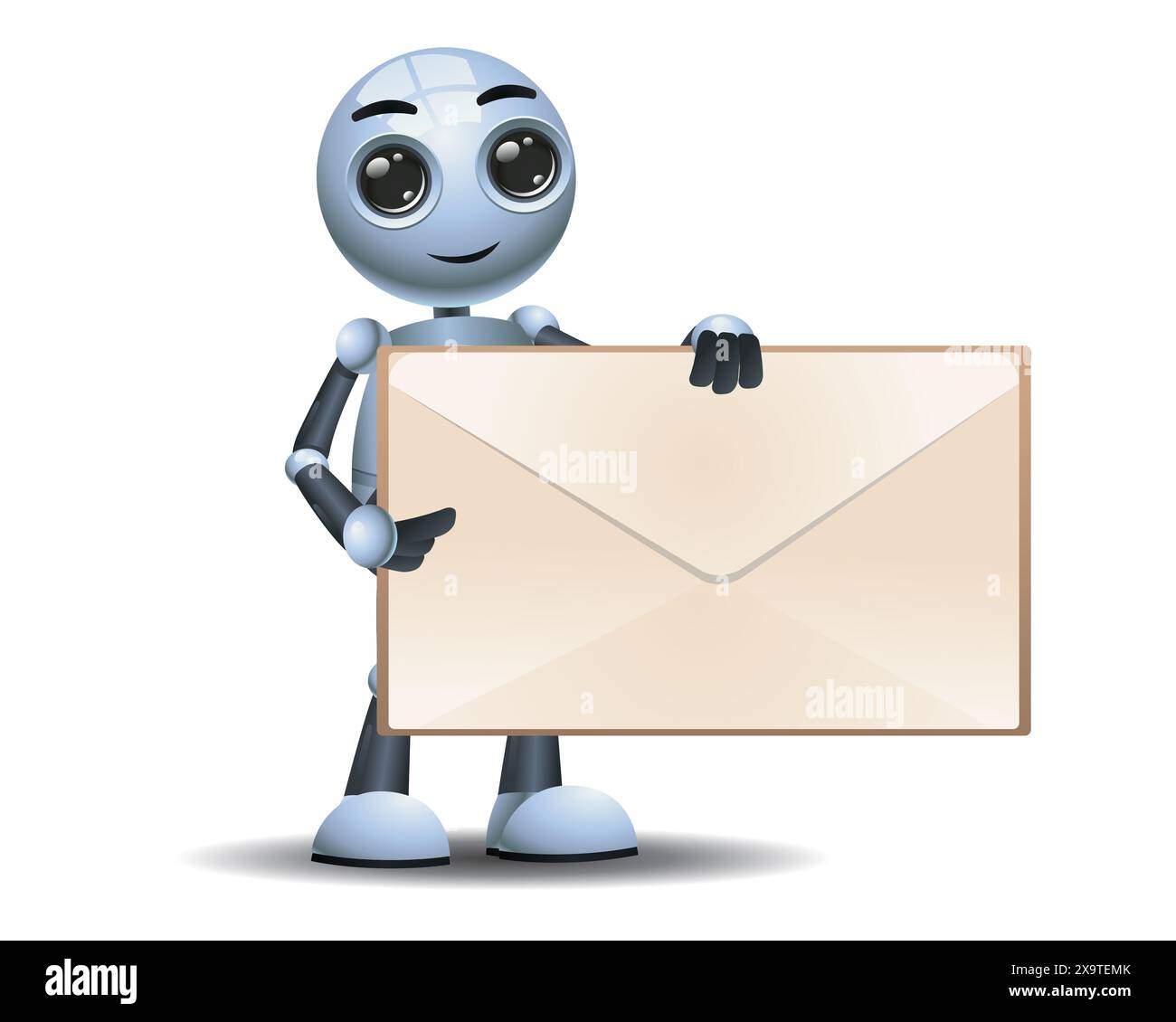 3D illustration of a little robot ready to send mail symbol on isolated ...