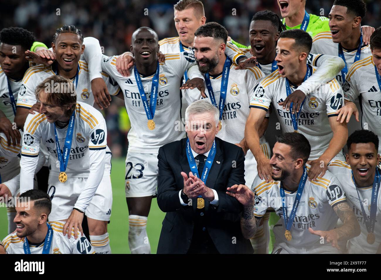 LONDON, ENGLAND - JUNE 1: Carlo Ancelotti, Luka Modric, Joselu, Lucas ...