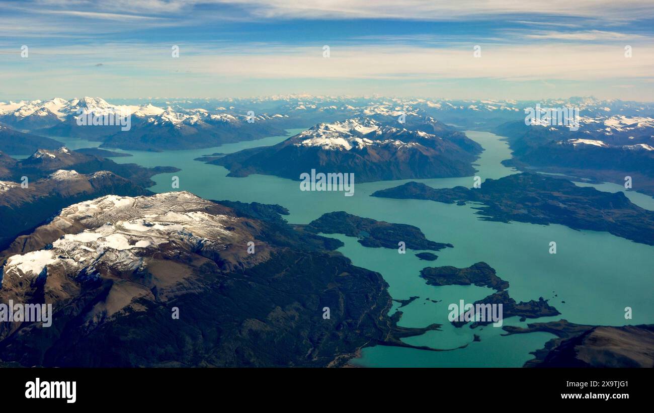 Aerial view of Lago San Martin or Lago O'Higgins in the southern Andes ...