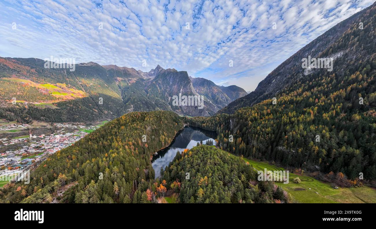 Aerial view, mountain peaks of the Oetztal Alps reflected in Lake ...