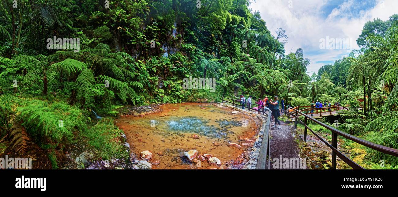 Hiking trail with hot natural thermal spring in Caldeira Velha in a ...