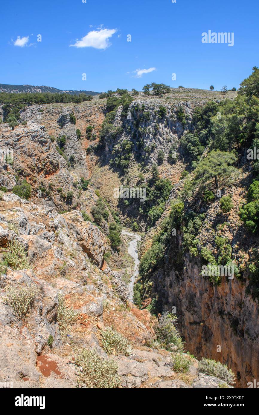 View to the north-east of the steep rock face of Aradena Gorge in the ...