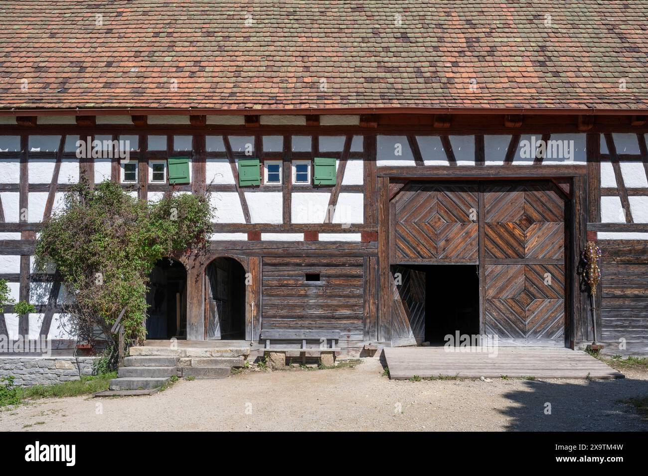 Traditionally built, old farmhouse, half-timbered house, called ...