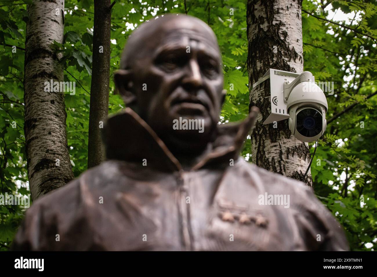 A surveillance video camera is seen on a tree next to the sculpture ...
