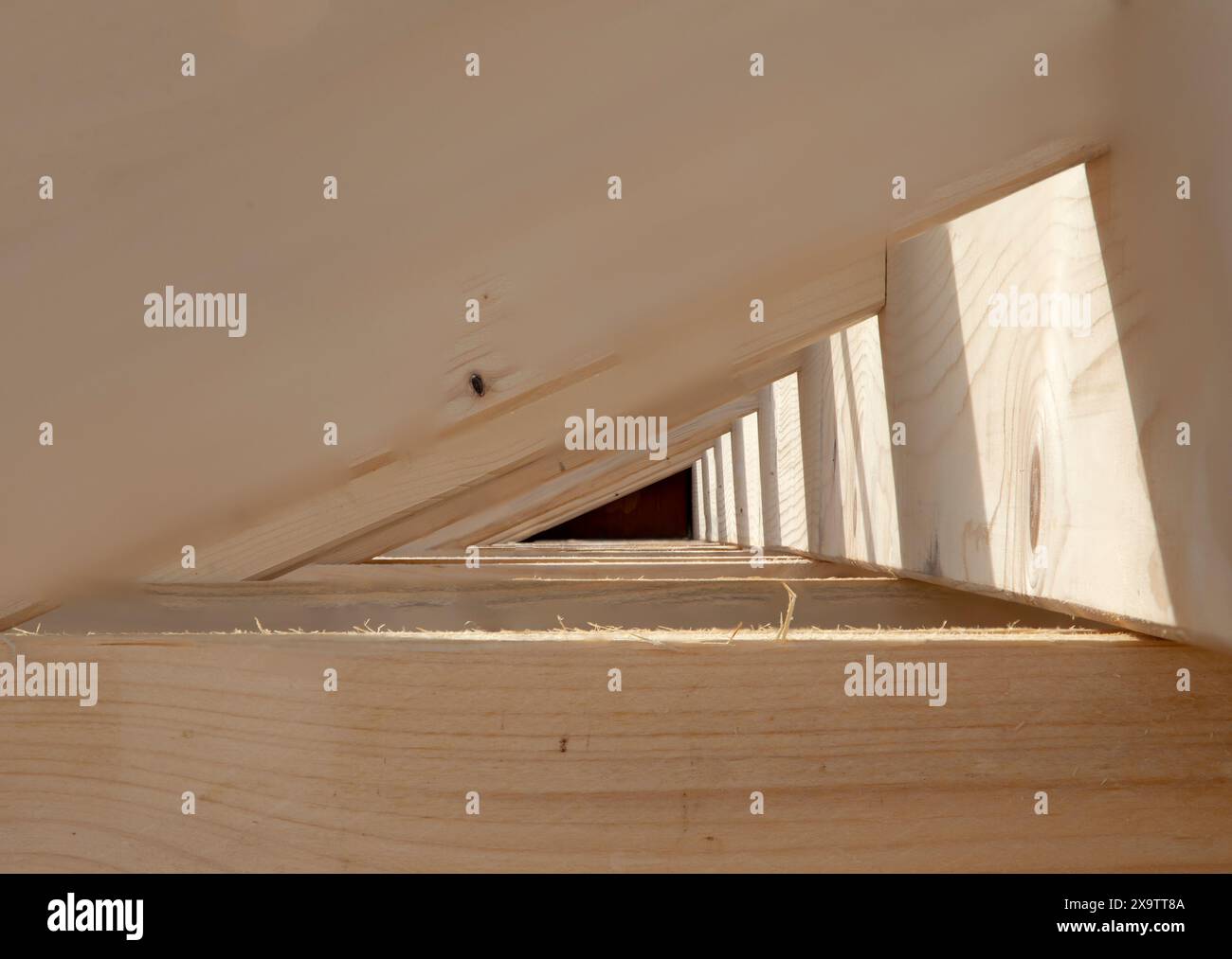 detail of wooden roof construction with background of depth of field ...