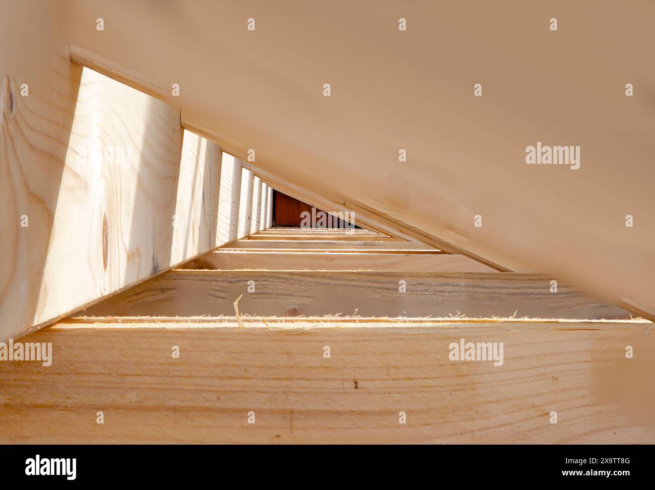 detail of wooden roof construction with background of depth of field ...