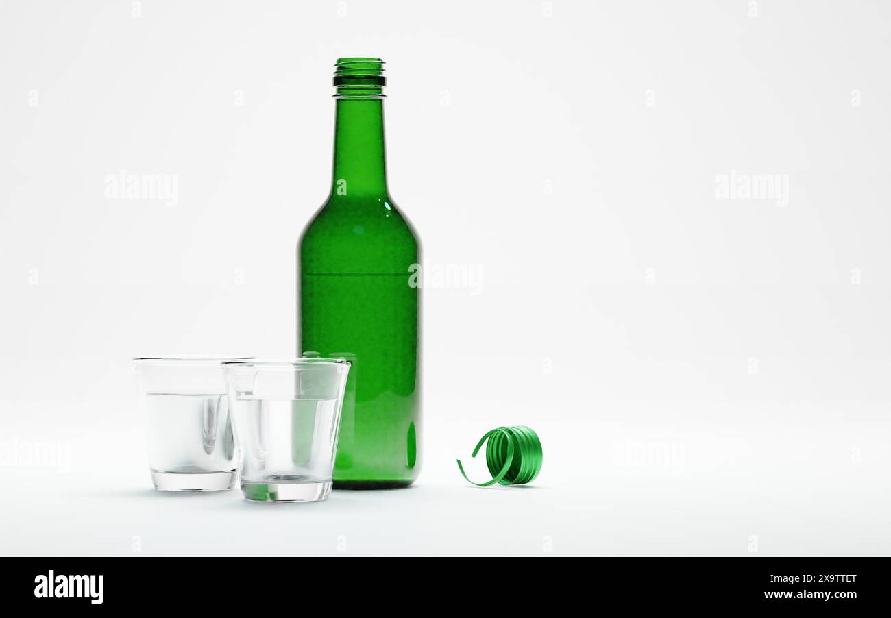3d render of isolated korean soju bottles and glasses alcohoc beverage ...