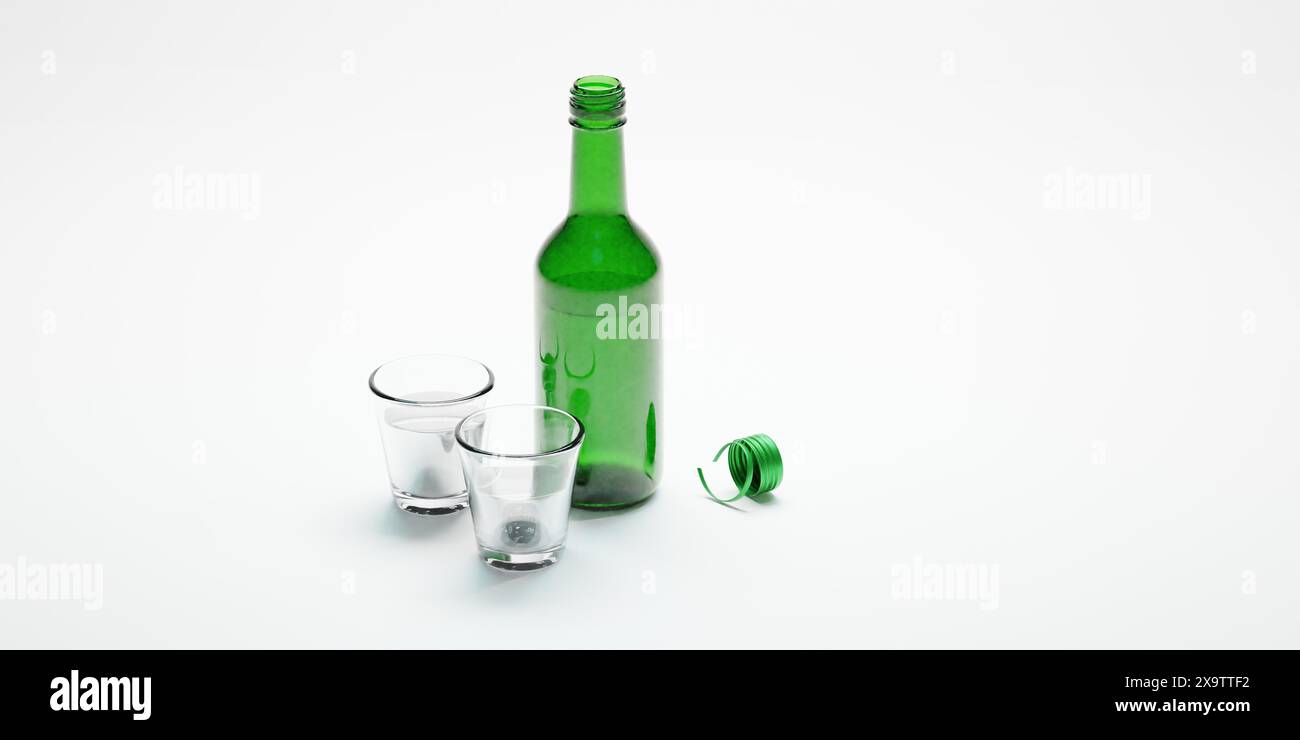 3d render of isolated korean soju bottles and glasses alcohoc beverage ...