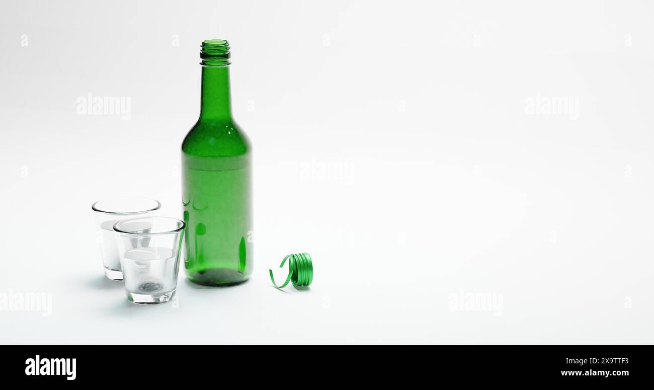 3d render of isolated korean soju bottles and glasses alcohoc beverage ...