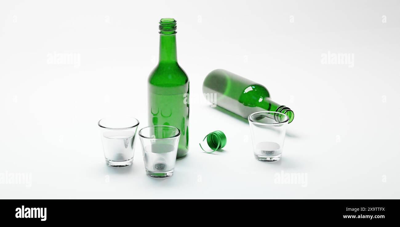 3d render of isolated korean soju bottles and glasses alcohoc beverage ...