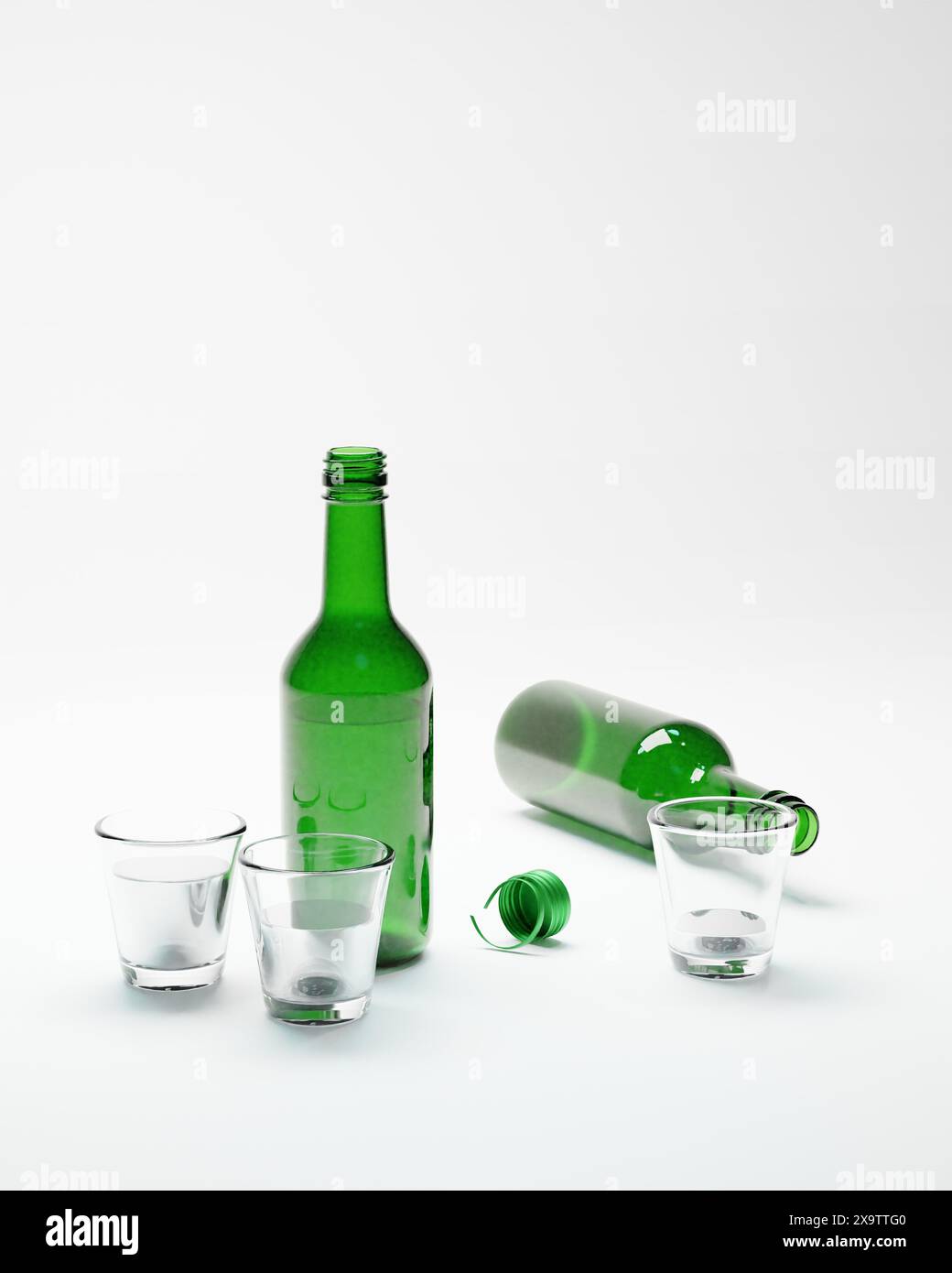 3d render of isolated korean soju bottles and glasses alcohoc beverage ...