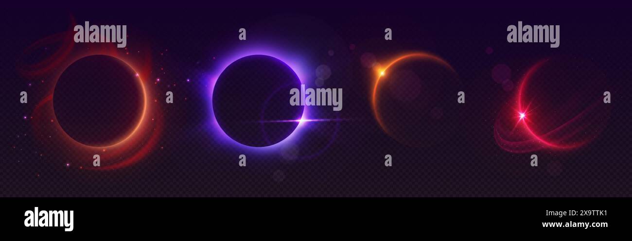 Solar eclipse light ring. Moon flare glow in space effect. Total lunar ...